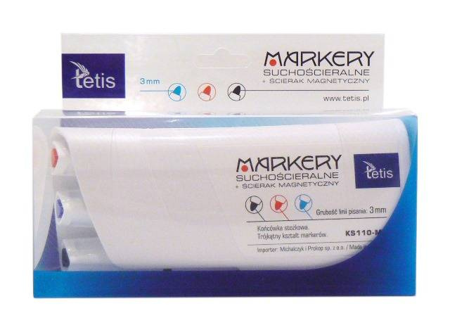 Marker suchościeralny ze stożkową końcówką 3 kolory + gąbka magnetyczna ...